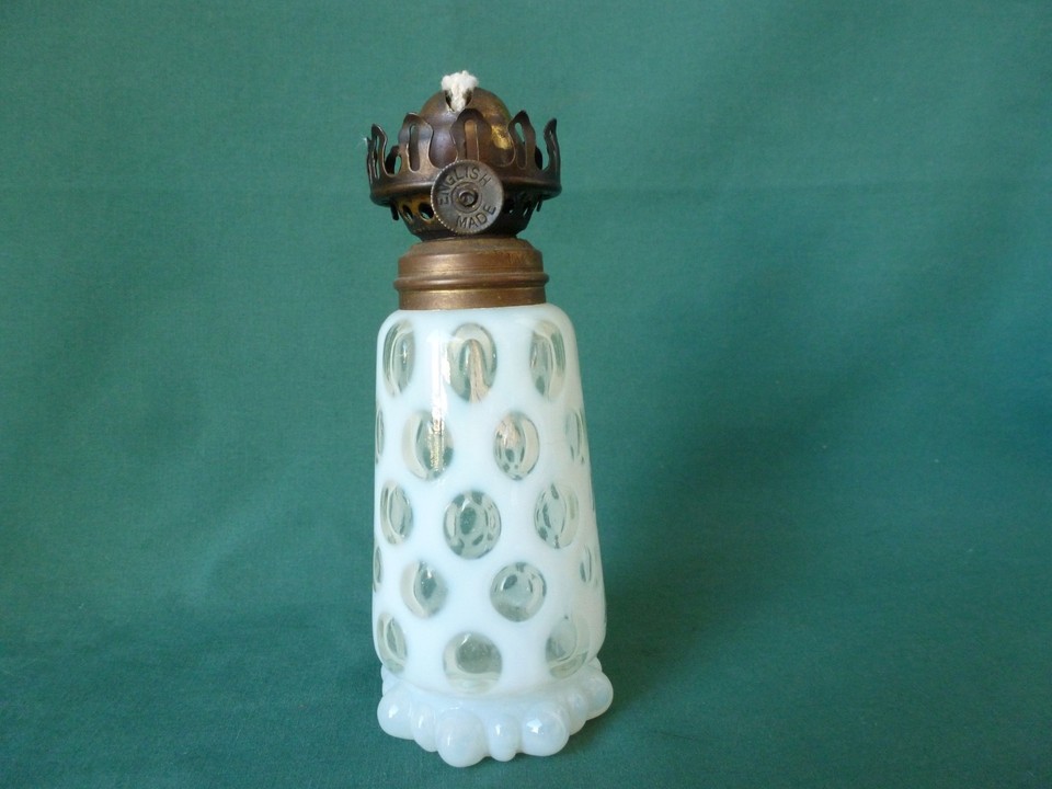 Antique White Opalescent Coin Spot Art Glass Oil Lamp | eBay