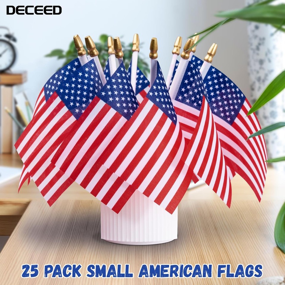 25 Pack Small American Flags Mini US Flags, 8''x5.5'' Flag on Wood ...