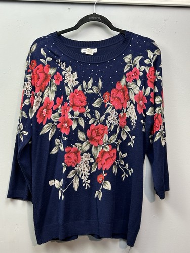 Cathy Daniels Sweater Womens XL Blue Red Rose Rhinestone Embellished ...