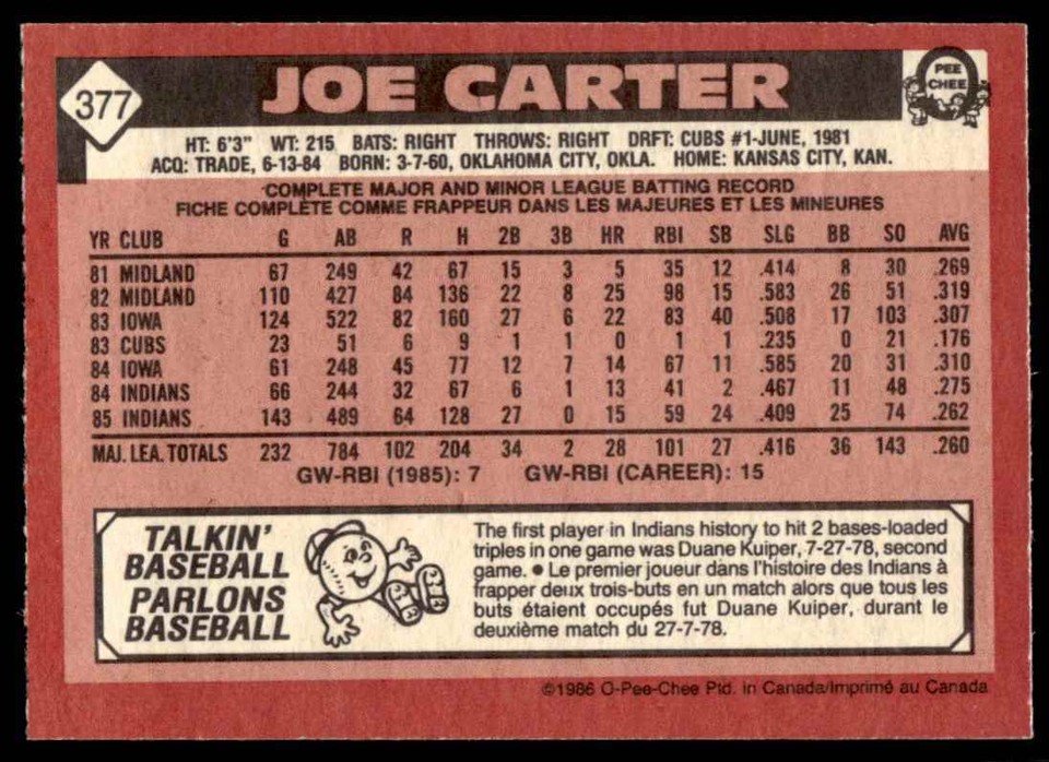 1986 O-Pee-Chee Joe Carter Cleveland Indians #377 | eBay