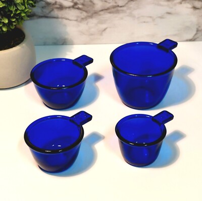 Cobalt Blue Glass Depression Style Measuring Cup Set, Vintage, Kitchen ...