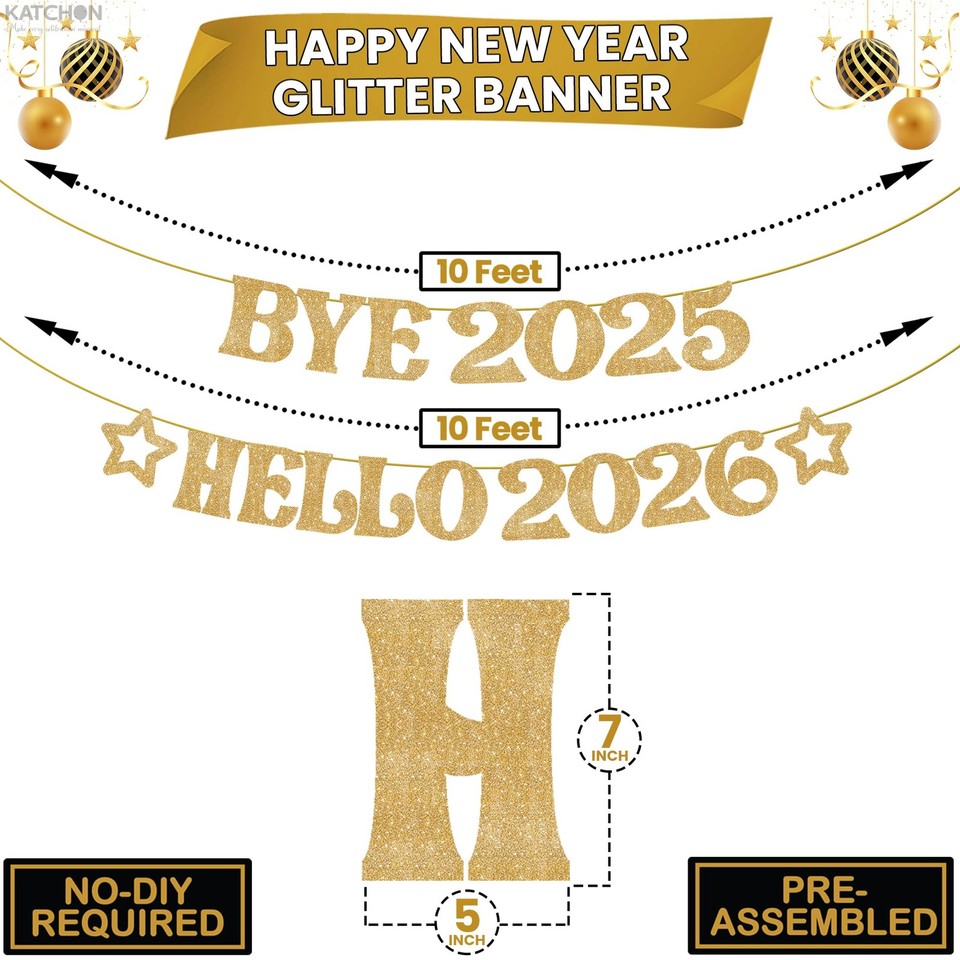 , Glitter Gold Happy New Year Banner - 10 Feet | Bye 2025 Hello 2026 ...