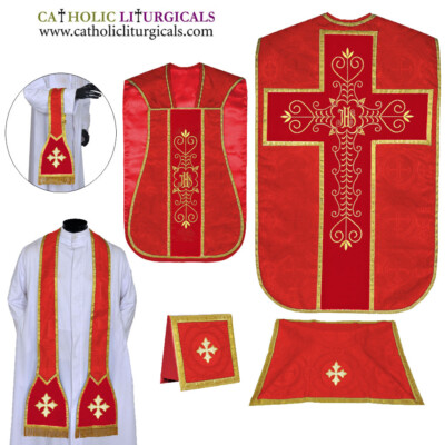 NEW Red Roman Fiddleback Chasuble, Fiddleback Vestment 5pcs Mass Set ...