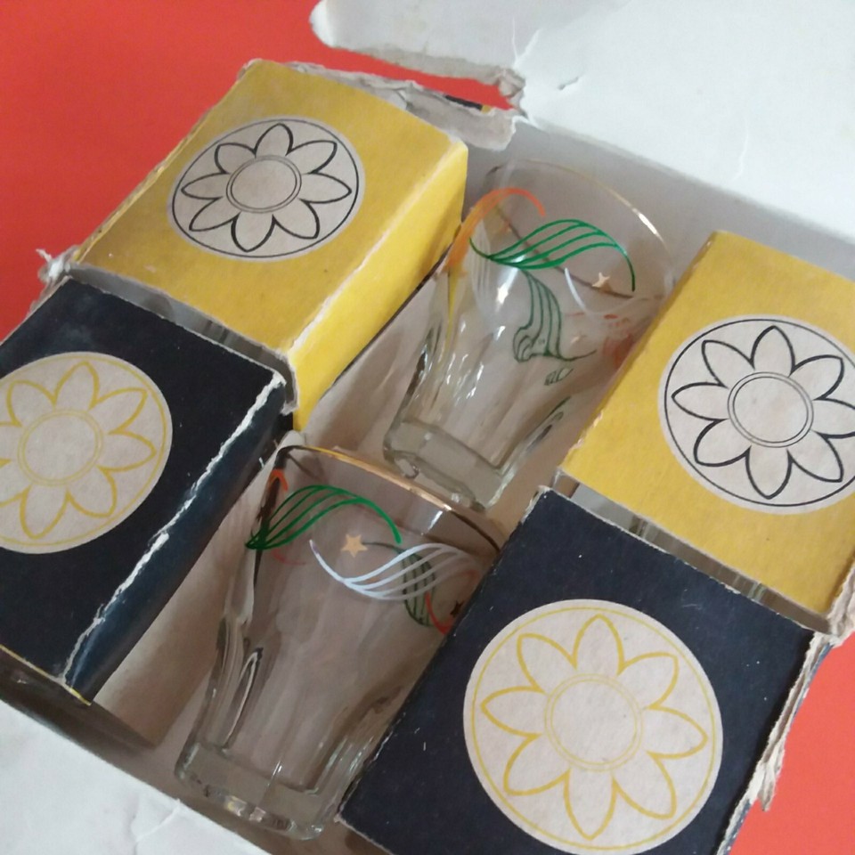 6 Vintage 50s Retro Atomic Shot Glasses Original Box Claymer Golden ...
