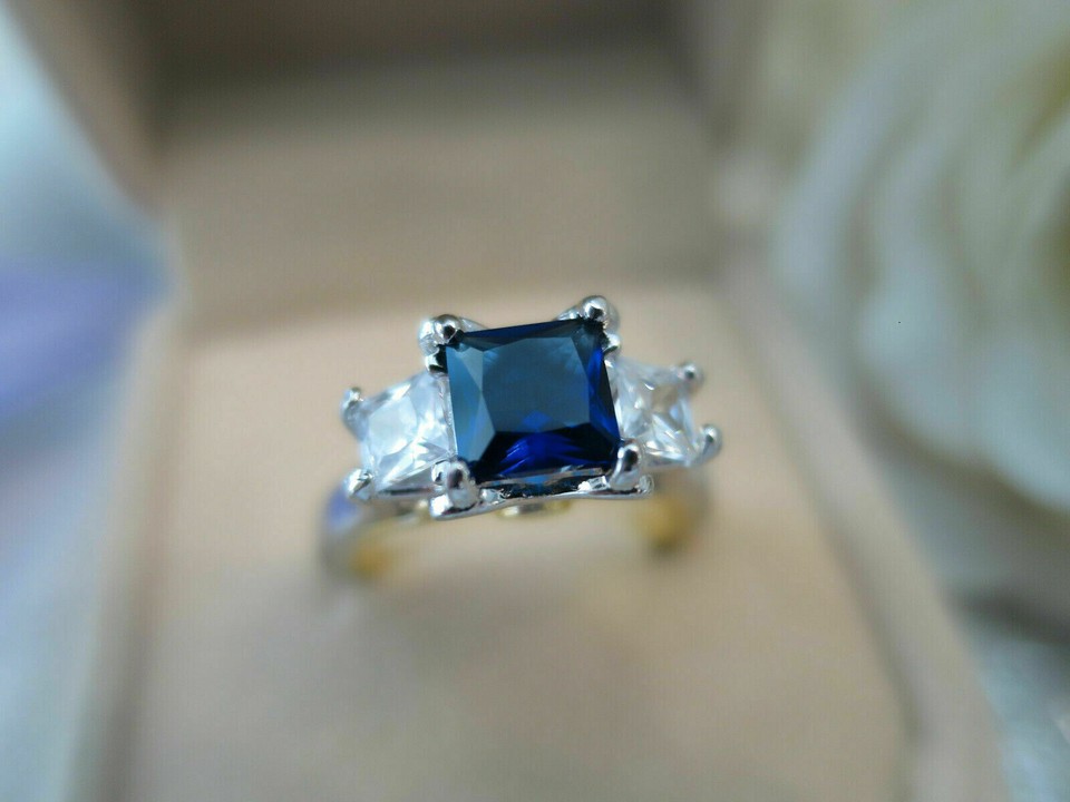 Lab Created Princess Blue & White Three Stone Womens Engagement High ...