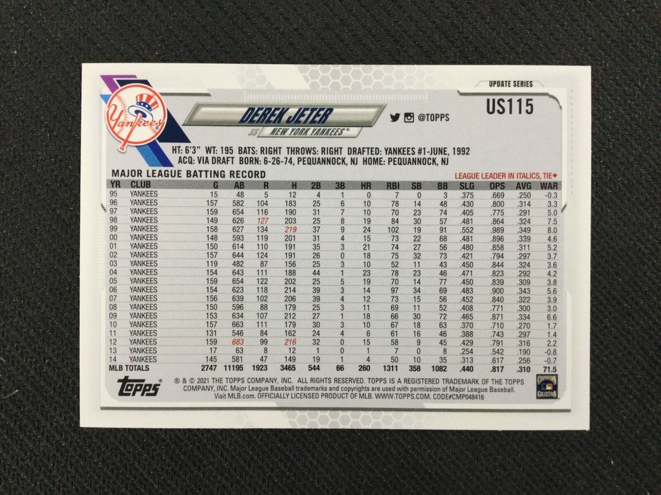 2021 Topps Update #US115 Derek Jeter Short Print SP Image Variation ...
