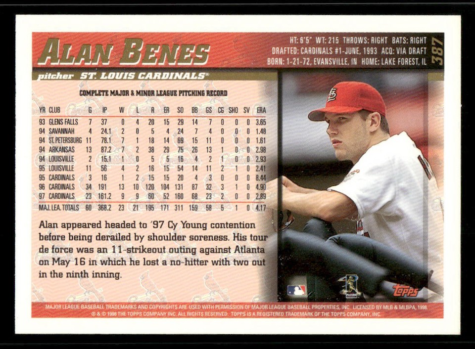 1998 Topps - Alan Benes #387 St. Louis Cardinals - Minted in ...