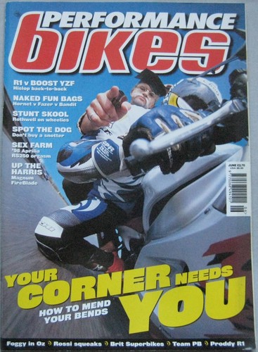 Performance Bikes magazine June 1998 featuring Aprilia, Suzuki, Yamaha ...