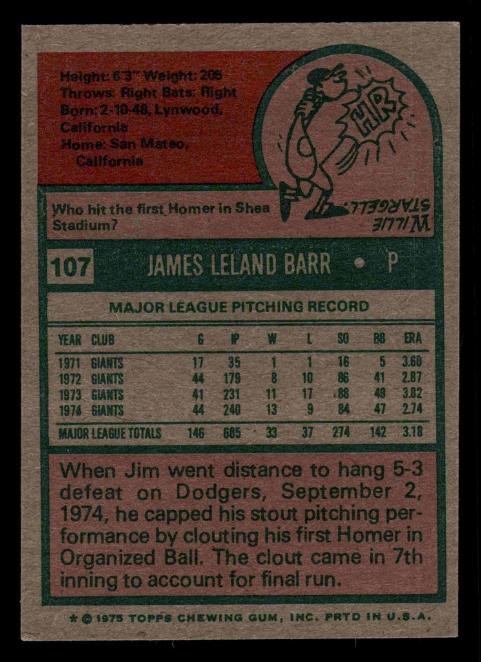 1975 Topps Jim Barr #107 - San Francisco Giants | eBay
