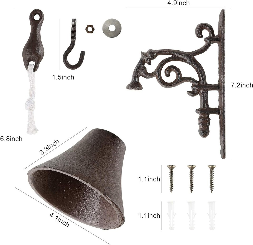 Outdoor Dinner Bell Rustic Vintage Large Cast Iron Wall Mounted Metal ...