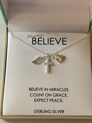 Footnote Believe Necklace Sterling Silver Cross Heart Angel Wing Charm ...