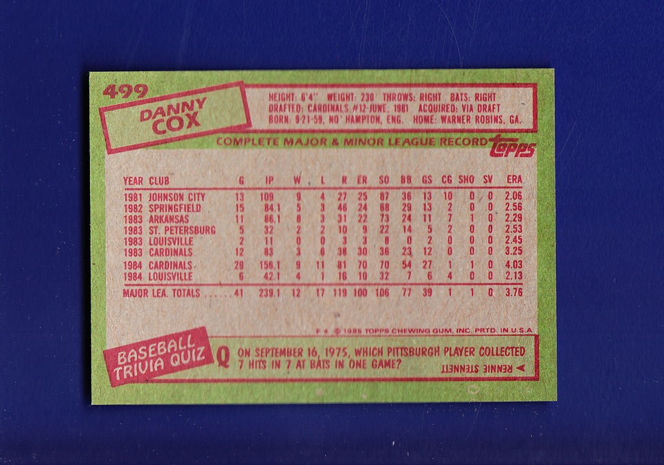 Danny Cox 1985 TOPPS MLB Baseball #499 (MINT) St. Louis Cardinals | eBay
