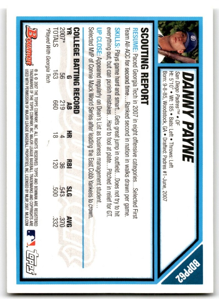 2007 BOWMAN DRAFT PICKS & PROSPECTS DANNY PAYNE SAN DIEGO PADRES # ...