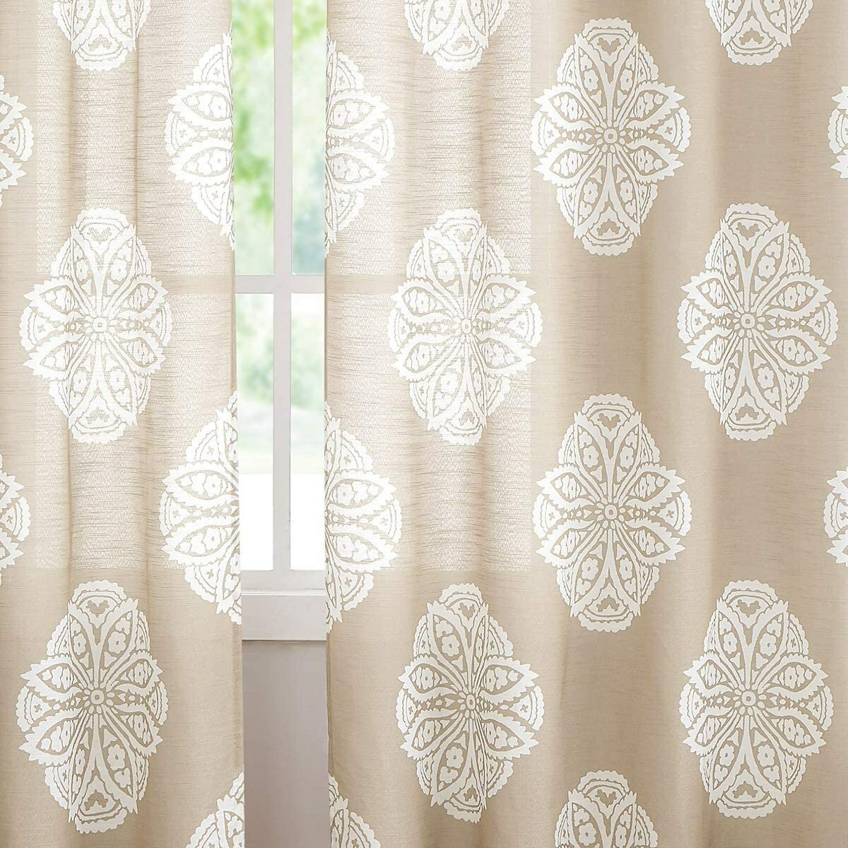 Set 2 Semi Sheer Beige Medallion Curtains Panels Drapes Pair 63 72 84 ...