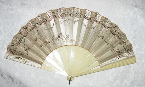 Antique Victorian Fan Embroidered Satin Leaf Bone Sticks 1870's | eBay