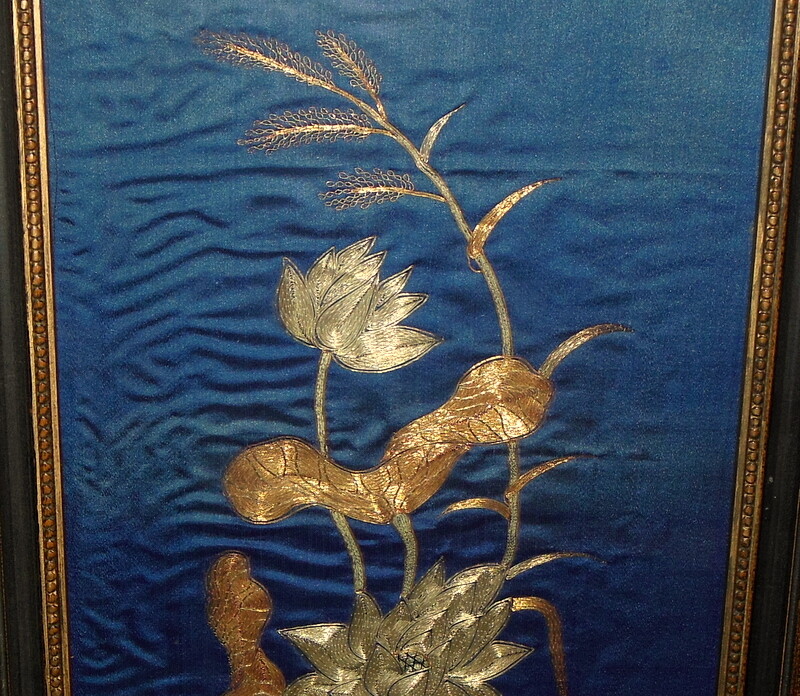 Antique QING CHINESE GOLD Embroidery TEXTILE GOLD Metallic Thread Lotus ...