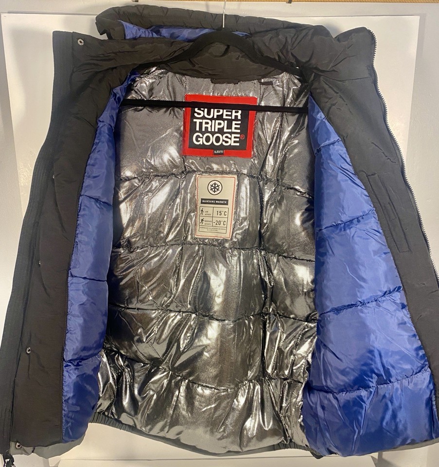 Super Triple Goose Men's Hooded Parka Jacket Black / Gray / Blue Size ...