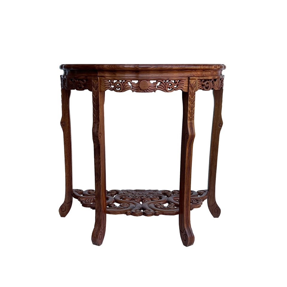 Chinese Brown Flower Carving Wood 2 Half Side Round Pedestal Table ...