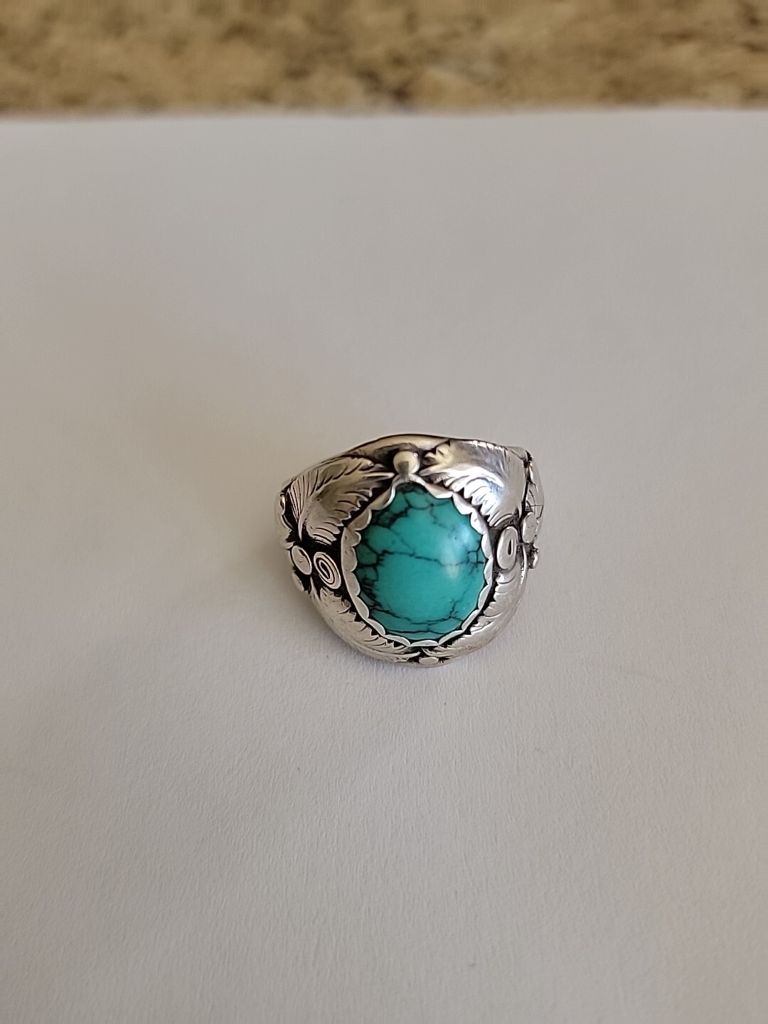 Richard Begay “RB” Navajo Sterling Silver Turquoise Feather Ring Size ...