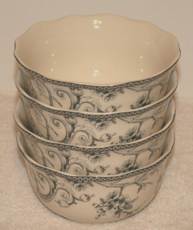 222 Fifth Adelaide Grey Porcelain Soup Cereal Bowls Birds & Floral New ...