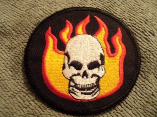 flaming skull patch embroidered iron-on fire flame biker skeleton | eBay