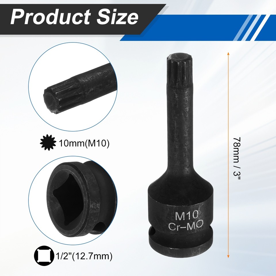 1/2" Drive M10 Triple Square Impact Spline Bit Socket 10mm CR-MO Steel ...