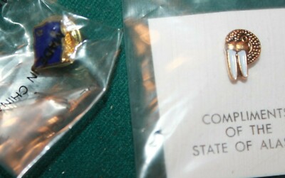 Lot of 2 Alaska pin back pins tie lapel pin Alaska flag and walrus both ...