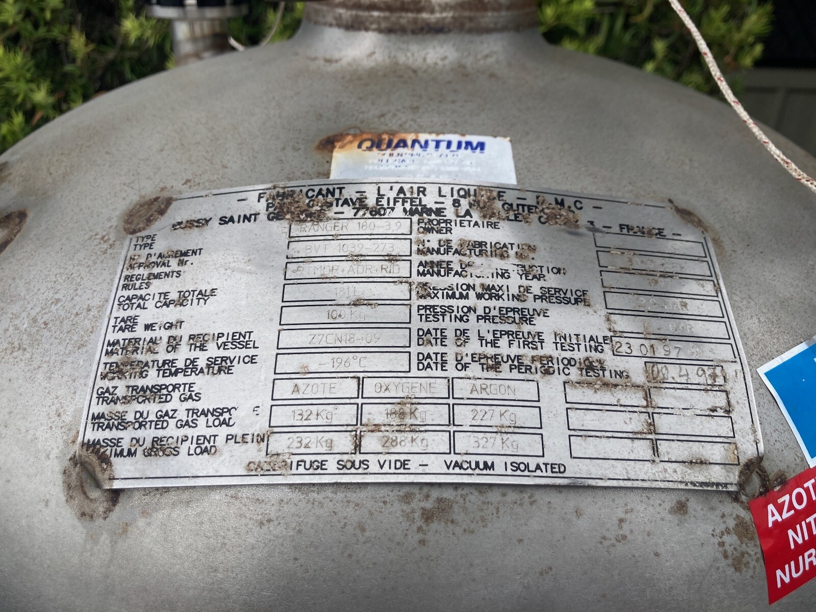 Air Liquide Ranger 180-3.9 180L Litre Liquid Nitrogen Oxygen Argon Tank ...