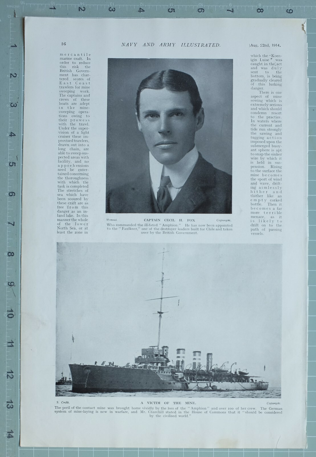 1914 WW1 PRINT HMS IPHIGENIA SEA MINE SWEEPING CONTACT CAPTAIN CECIL ...