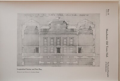 1928 ARCHITECTURE PRINT MANCHESTER OLD TOWN HALL LONGITUDINAL SECTION ...