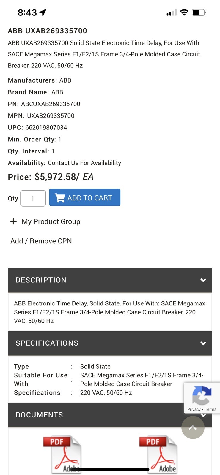 ABB UXAB269335700 Time Delay Fuse. SACE Megamax Series F1/F2/1S Circuit ...