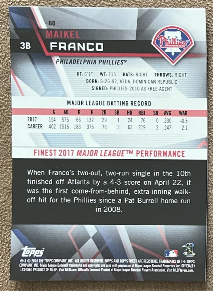 Maikel Franco 2018 Topps Finest Refractor #60 Parallel Philadelphia ...
