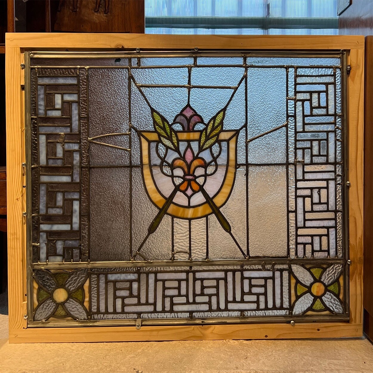 Antique American Denver Stained & Leaded Glass Shield Window c. 1915 | eBay