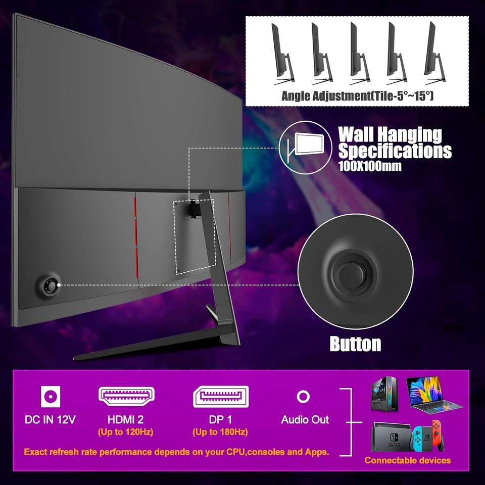 Gawfolk GF270C 27 Inch Curved Gaming Monitor,144Hz/180Hz PC Monitor ...