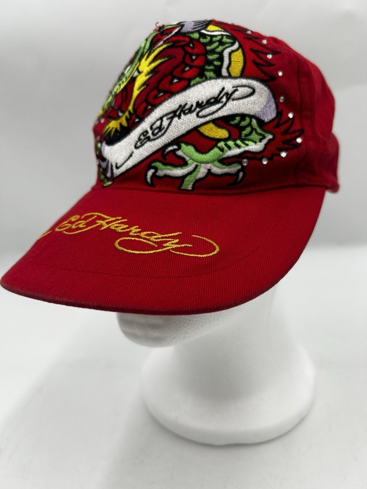 Ed Hardy Red Embroidered Dragon Ball Cap Hat Strapback Good Preowned #n ...