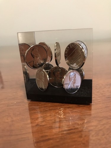 Vintage Lucite Paperweight Floating Pennies 1981 Acrylic Penny Cube ...