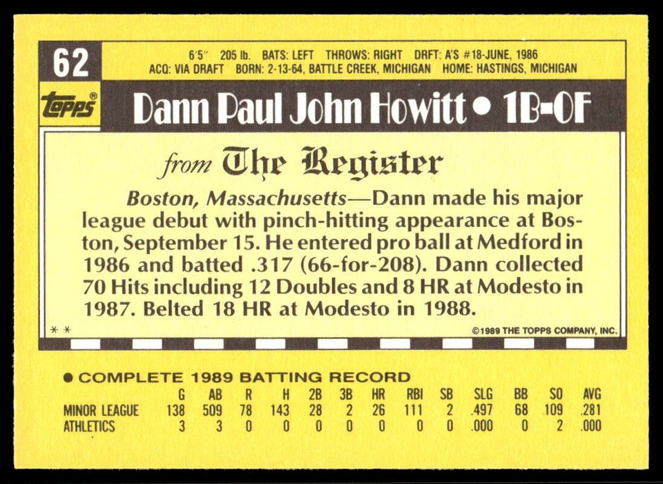 1990 Topps Major League Debut 1989 62 Dann Howitt Oakland Athletics | eBay