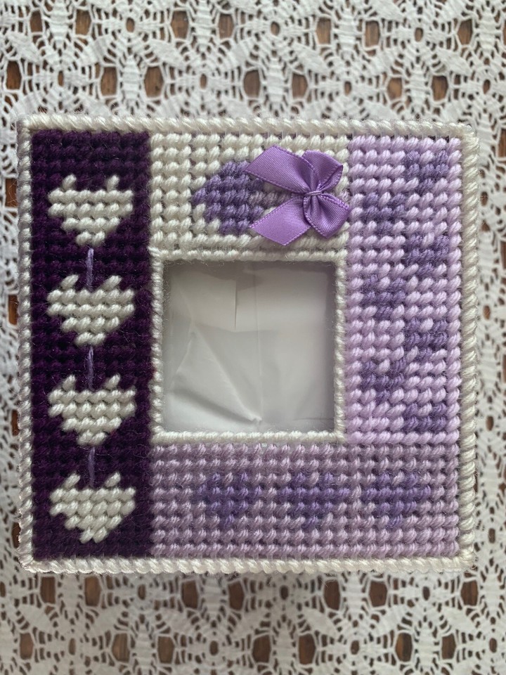 Handmade Needlepoint Plastic Canvas Tissue Box Cover - Purple Heart ...
