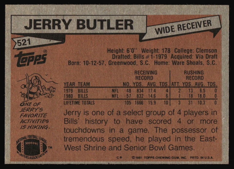 1981 Topps Jerry Butler #521 Buffalo Bills | eBay