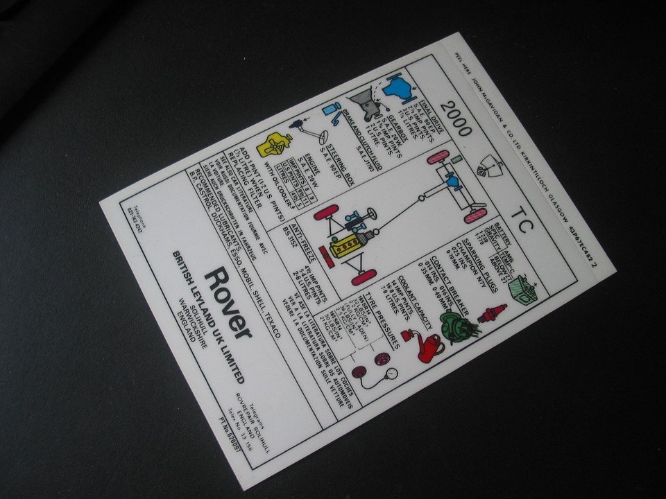 ROVER P6 2000 TC GENUINE NOS OE UNDER BONNET LABEL | eBay UK