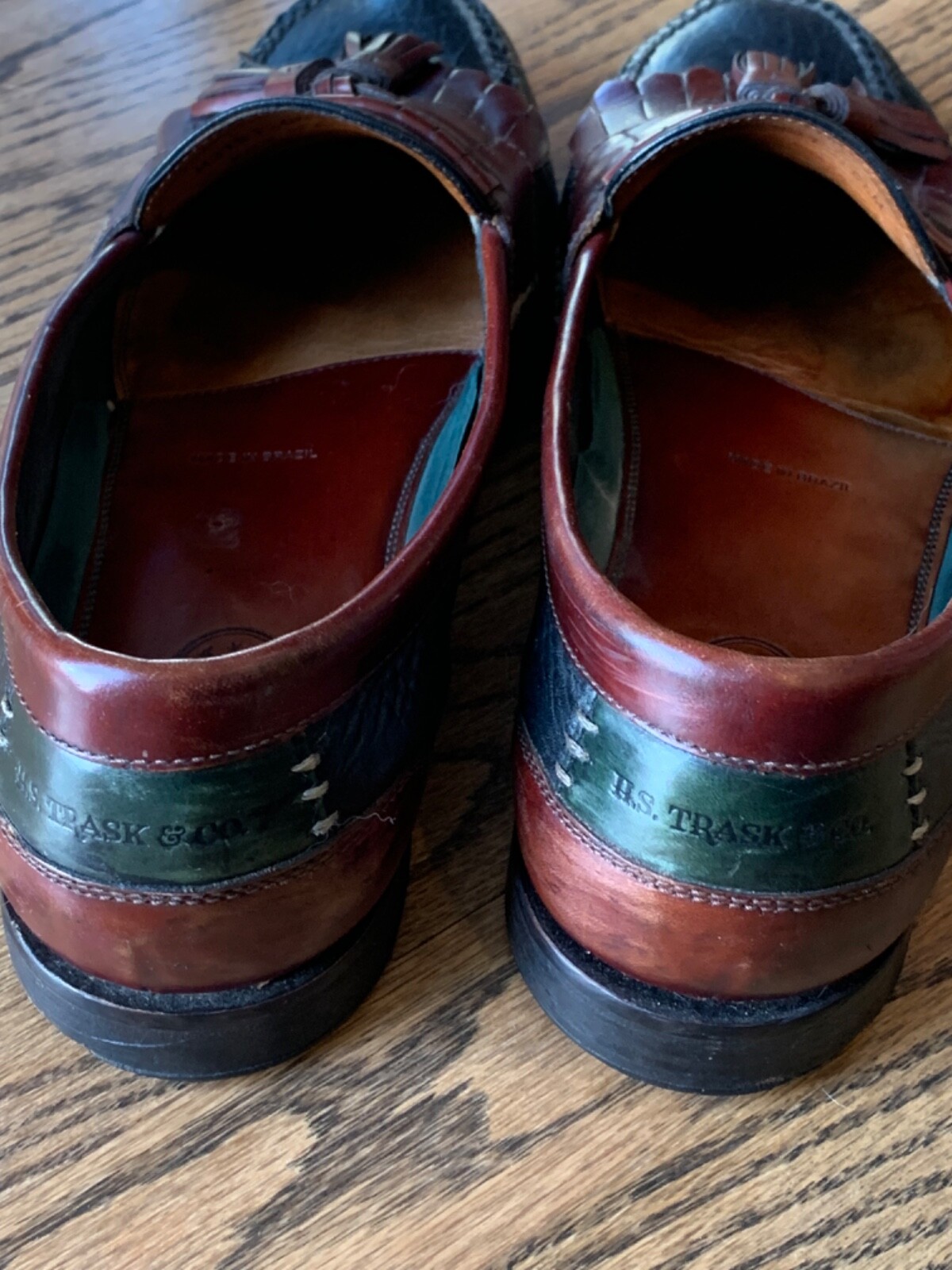 HS Trask 10.5 Burgundy/Black Leather Hand-Sewn Slip on Tassel Loafers ...