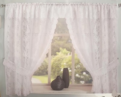 Luxury Kew Floral Cotton Look White Lace Window Net Curtain Tieback Set ...