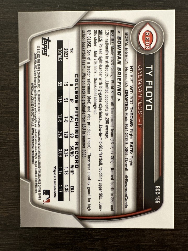2023 Bowman Draft Sapphire Ty Floyd 1st Bowman Cincinnati Reds #BDC-155 ...