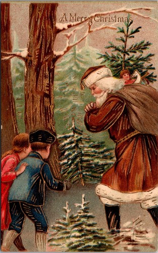 Vintage Christmas Postcard Santa Brown Suit Carries Tree w/ 2 Children ...