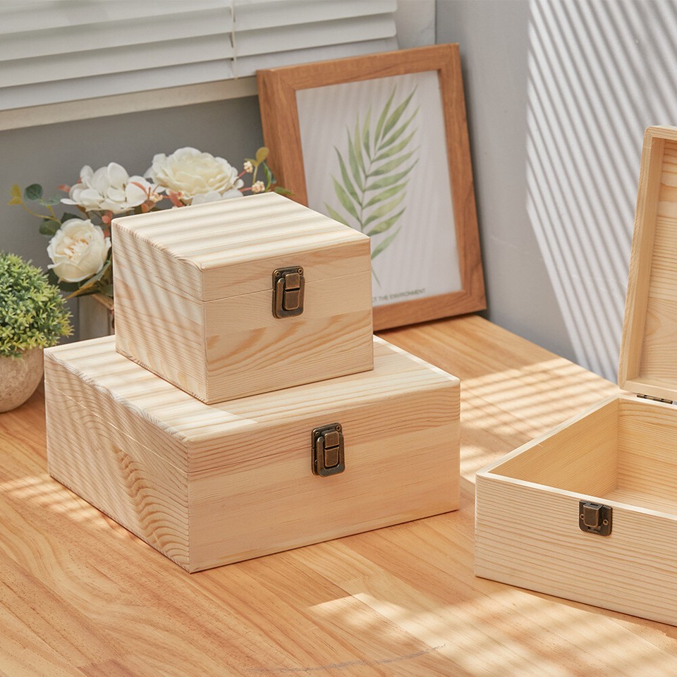 Natural Wooden Storage Box DIY Crate Gift Box With Hinged Lid And ...