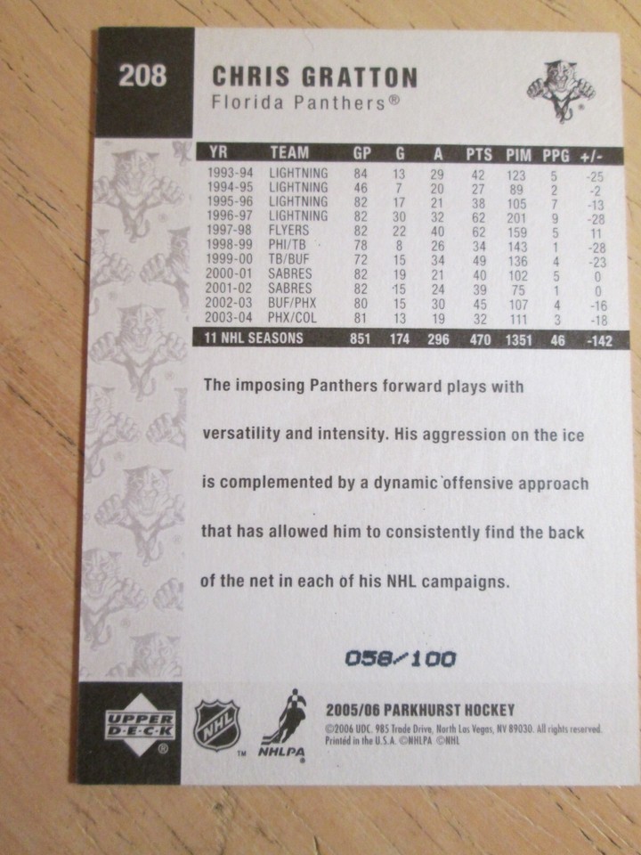 2005-06 PARKHURST FACSMILE, AUTO PARALLEL, CHRIS GRATTON, SER. 58/100 ...