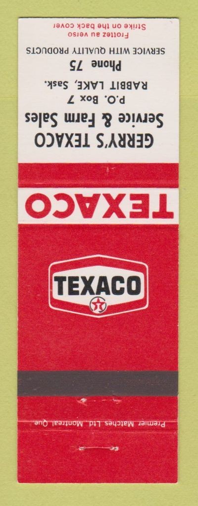 Matchbook Cover - Texaco oil gas Gerry's Rabbit Lake SK Farm Sales | eBay