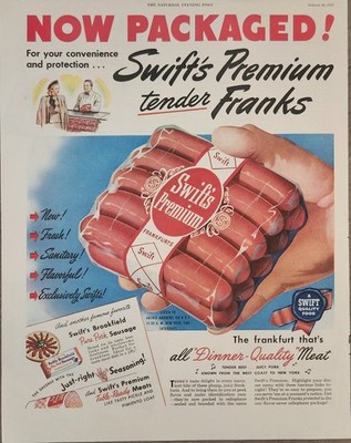 1947 Swift Premium Hot Dogs Vintage Ad Now Packaged for your ...