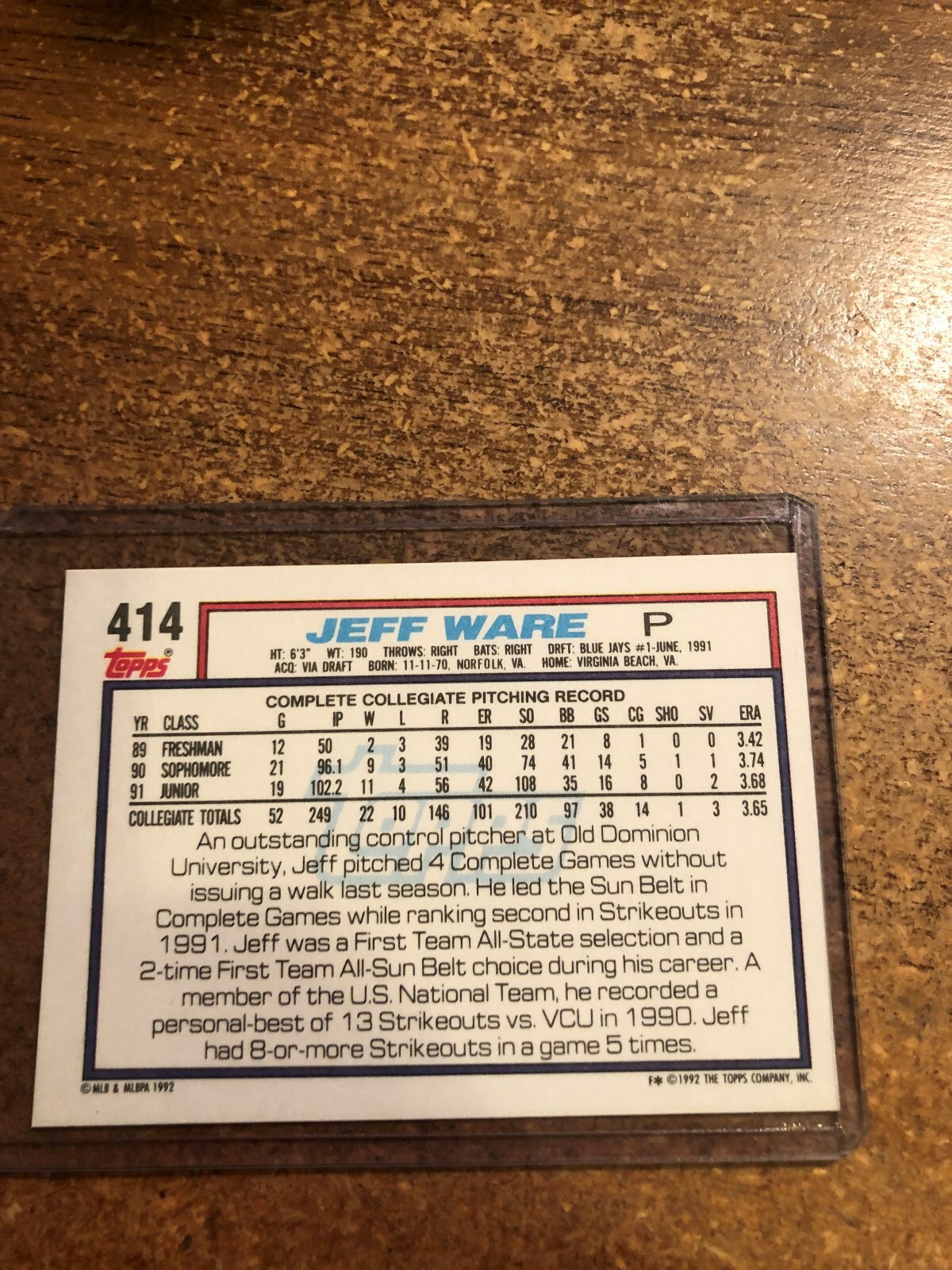 1992 Topps Baseball # 414 Draft Pick Jeff Ware RC | eBay