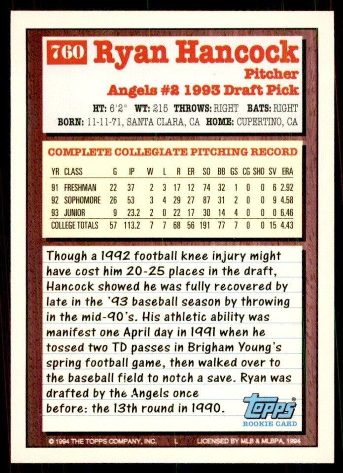 1994 Topps Baseball Card Ryan Hancock #760 | eBay